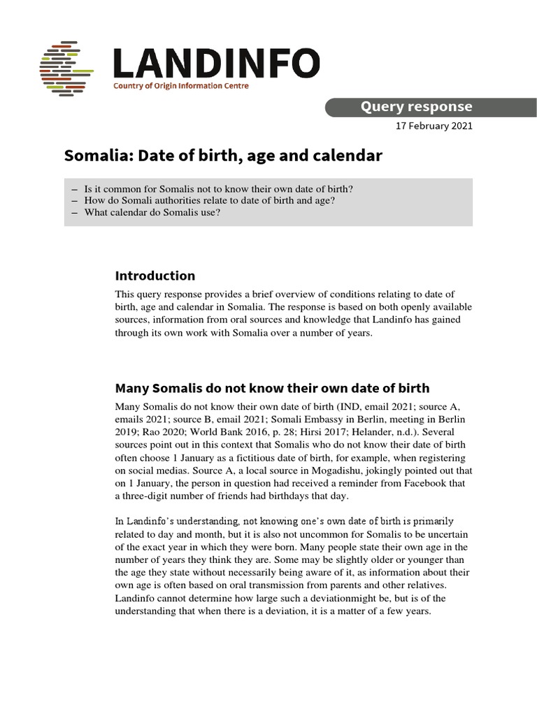 Query Response Somalia Date of Birth Age and Calendar 17032021 | PDF ...