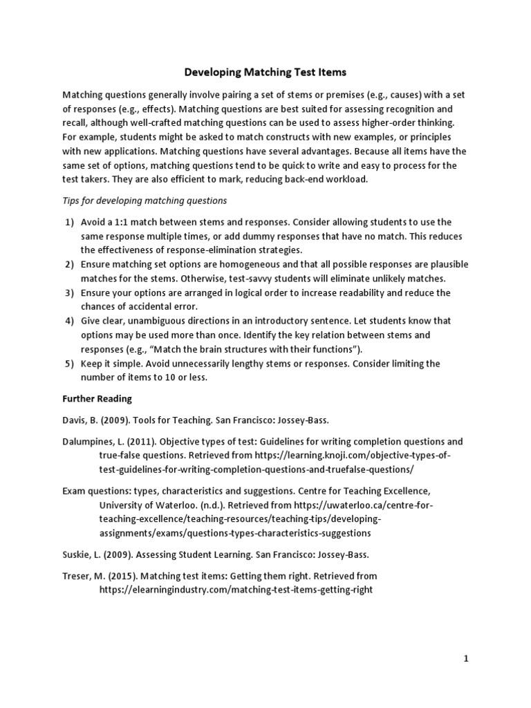 Developing Effective Matching Questions | PDF | Test (Assessment ...