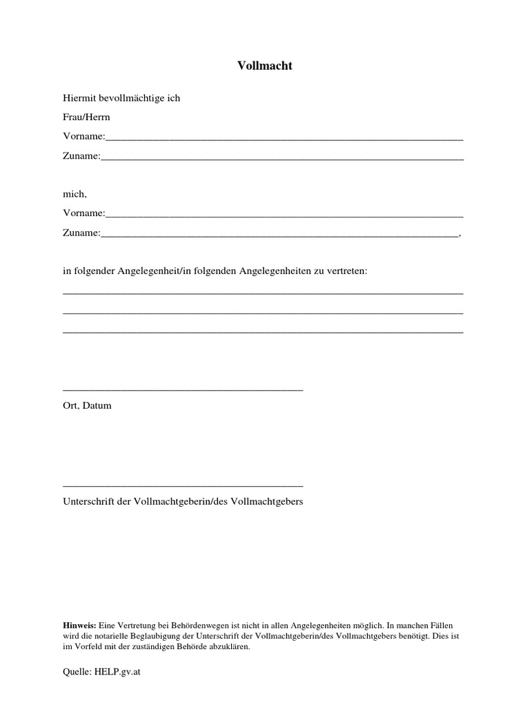 Vollmacht Muster HELP - GV .At | PDF