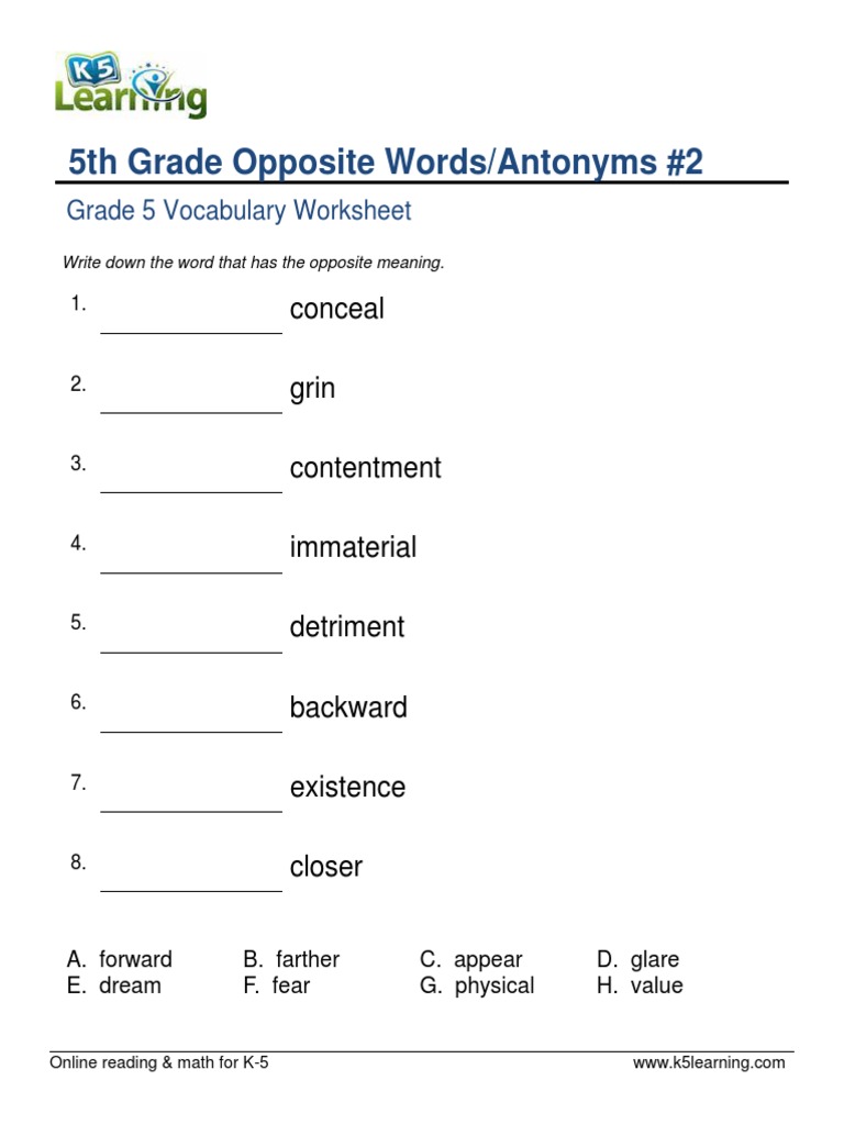 Fifth Grade Vocabulary Worksheet Focusing on Identifying Antonyms | PDF