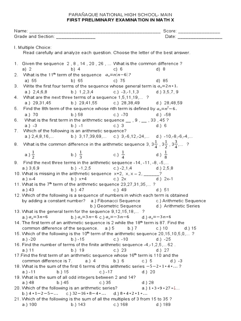 Preliminary Examination in Math 10 | PDF | Sequence | Arithmetic