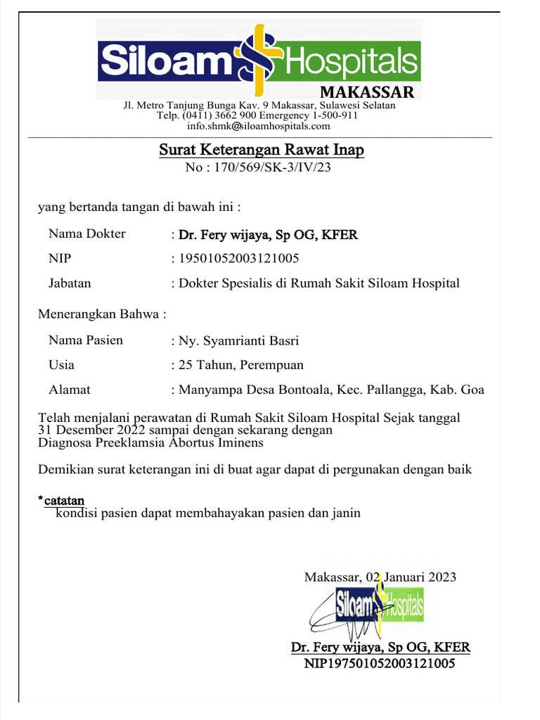 Surat Keterangan Rawat Inap Preeklamsia | PDF