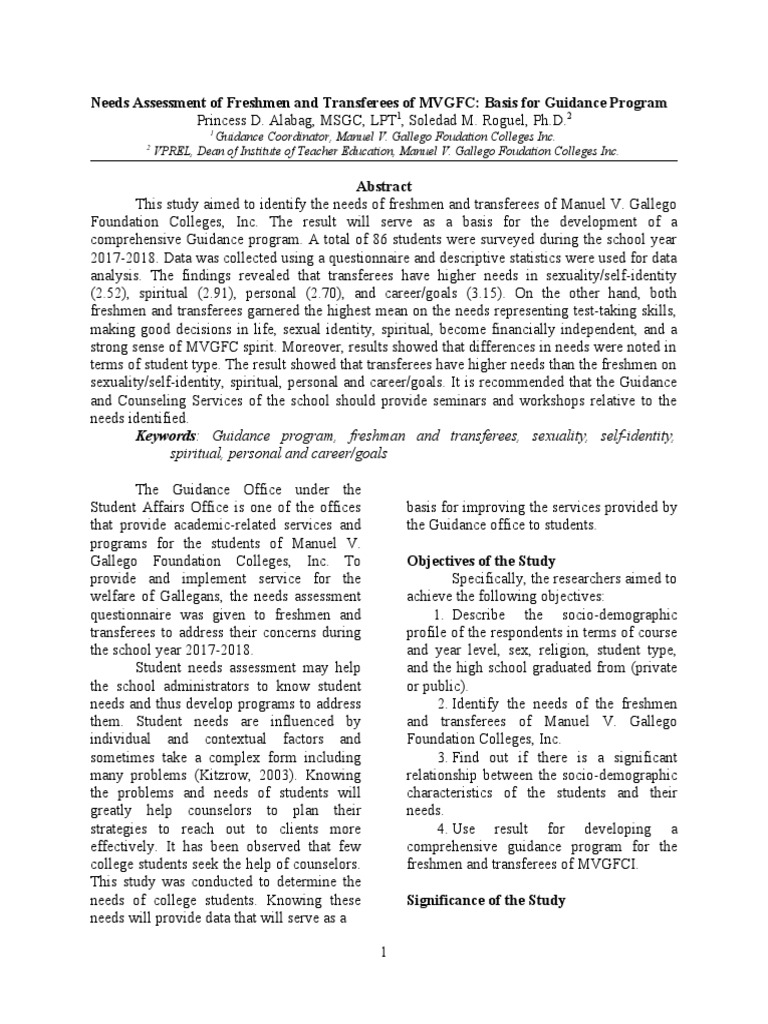 4 Needs Assessment of Freshmen and Transferees of MVGFC Basis For Guidance Program - Mam ...