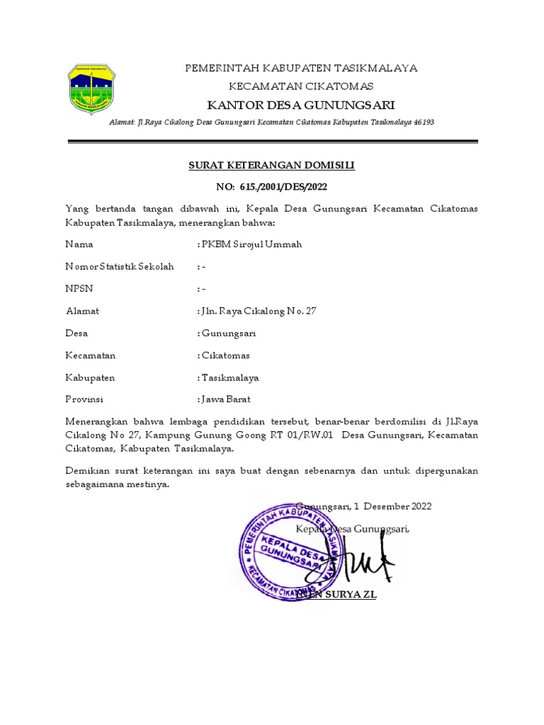 Surat Keterangan Domisili PKBM Tasikmalaya | PDF