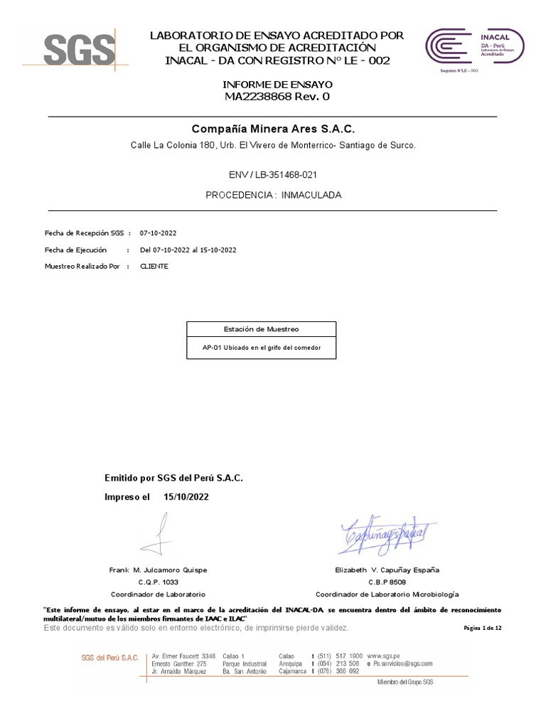 Agua Potable AP-01 (07.10.22) | PDF | Conjuntos de elementos químicos ...