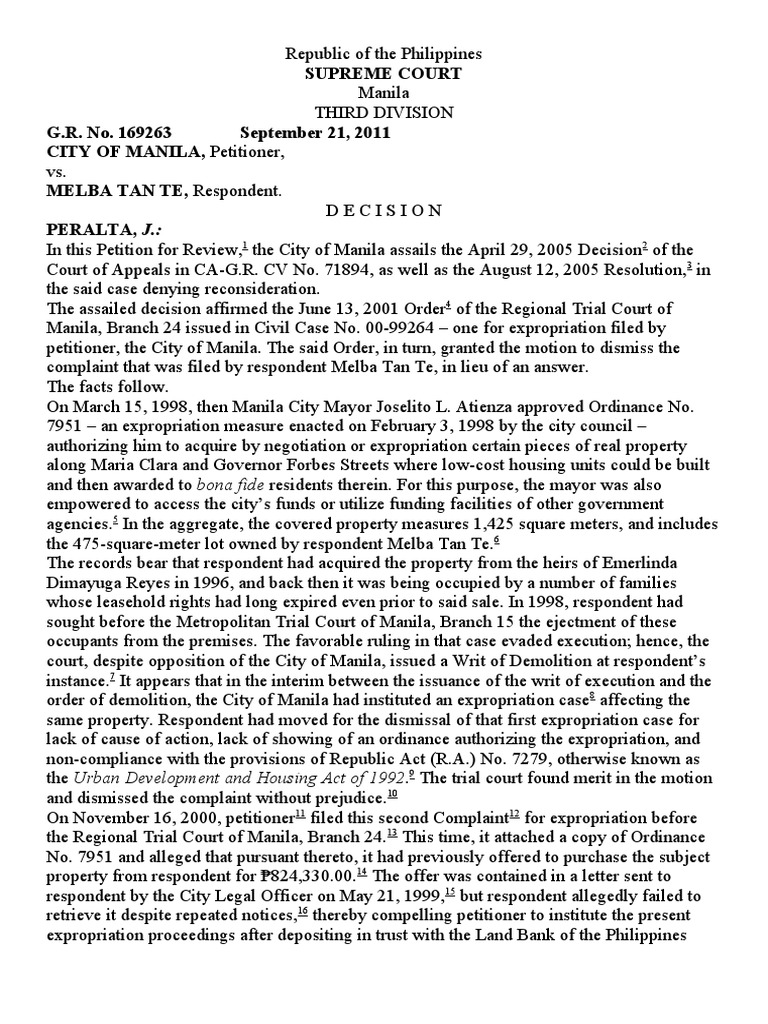 Manila Expropriation Case Decision | PDF | Eminent Domain | Complaint