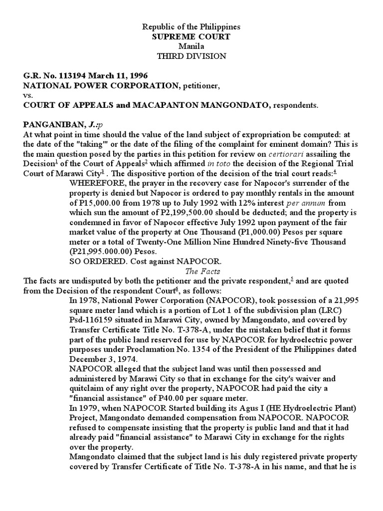 Expropriation Case: NAPOCOR vs. Mangondato | PDF | Eminent Domain ...