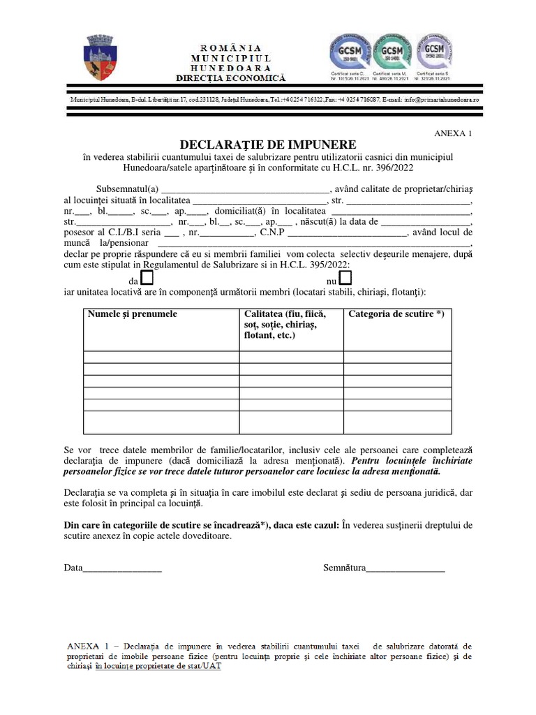 Anexa 1-Declaratie de Impunere Stabilire Taxa de Salubrizare PT Utilizatori Casnici Din Mun ...