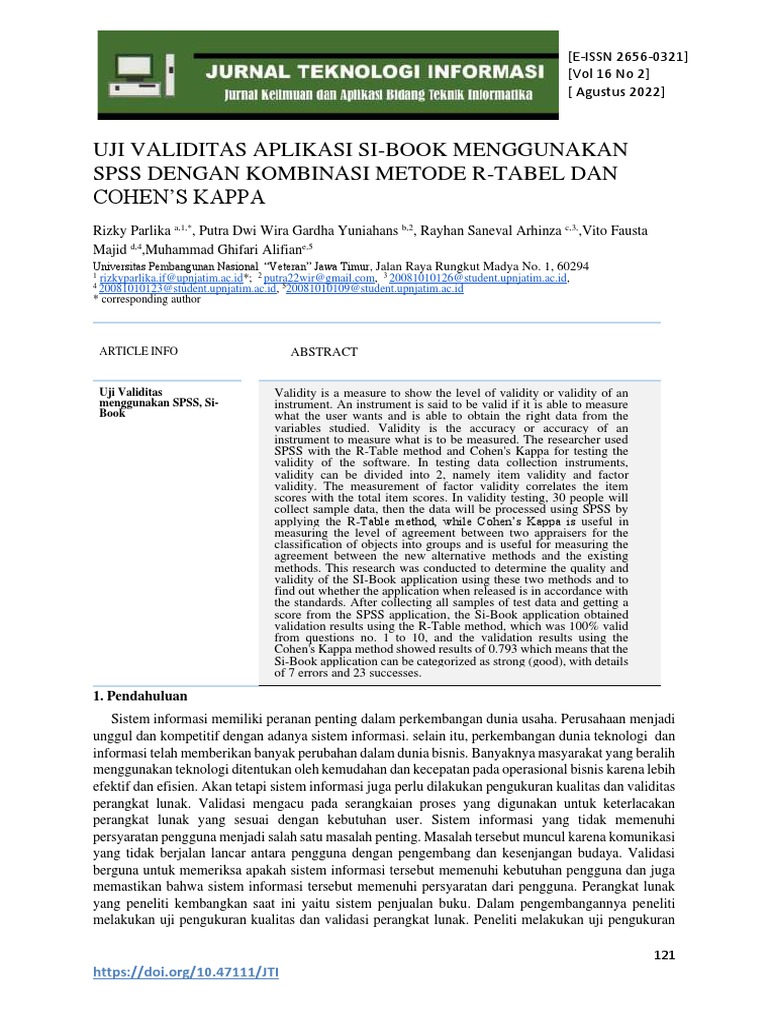 Uji Validitas Aplikasi Si-Book Menggunakan Spss Dengan Kombinasi Metode R-Tabel Dan Cohen'S ...