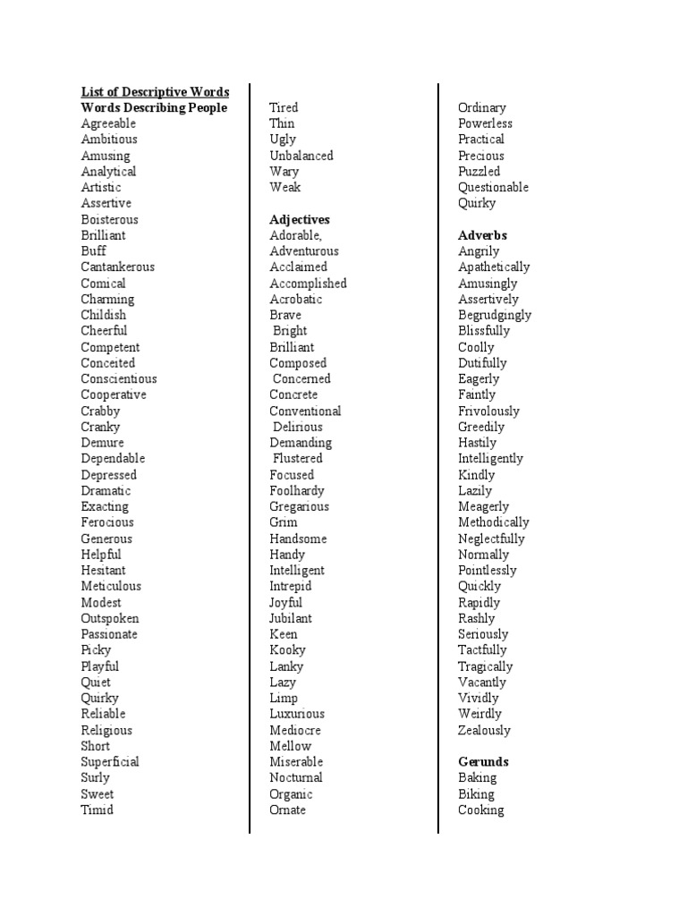 List of Descriptive Words | PDF