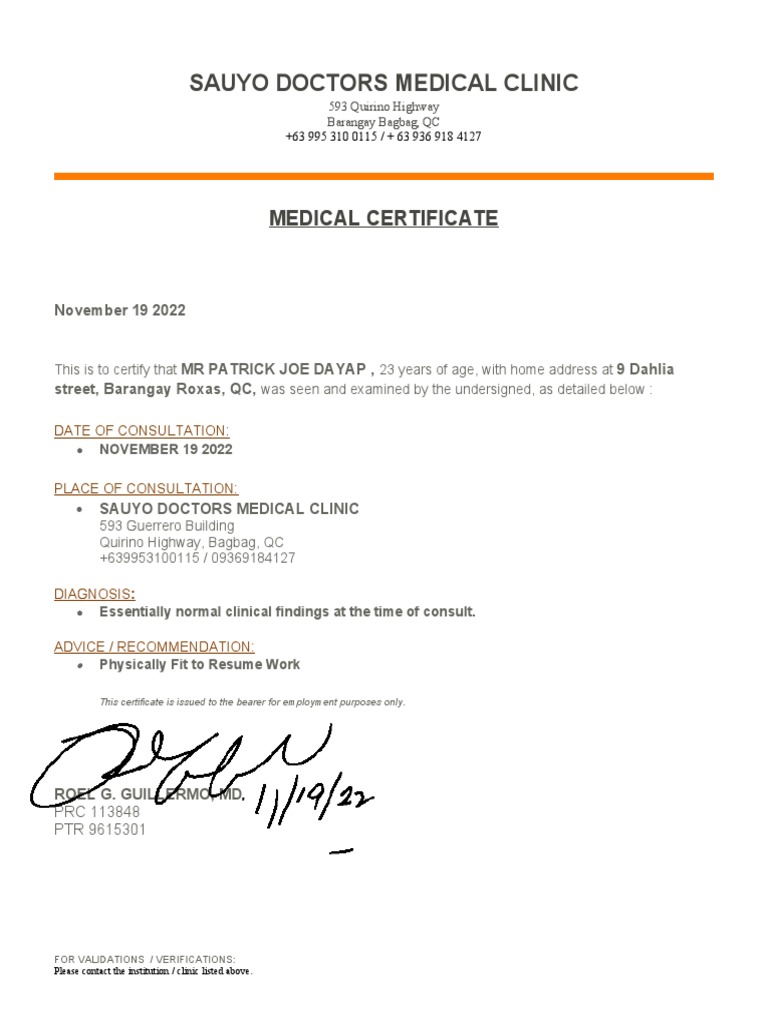 Medical Certificate for Employment | PDF
