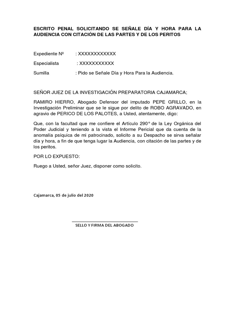 3escrito Penal Solicitando Se Señale Día y Hora para La Audiencia Con ...