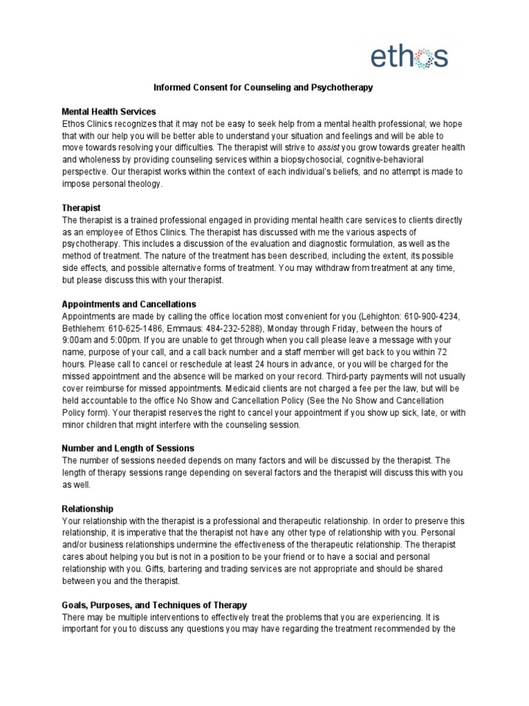 Informed Consent For Counseling and Psychotherapy | PDF | Psychotherapy ...