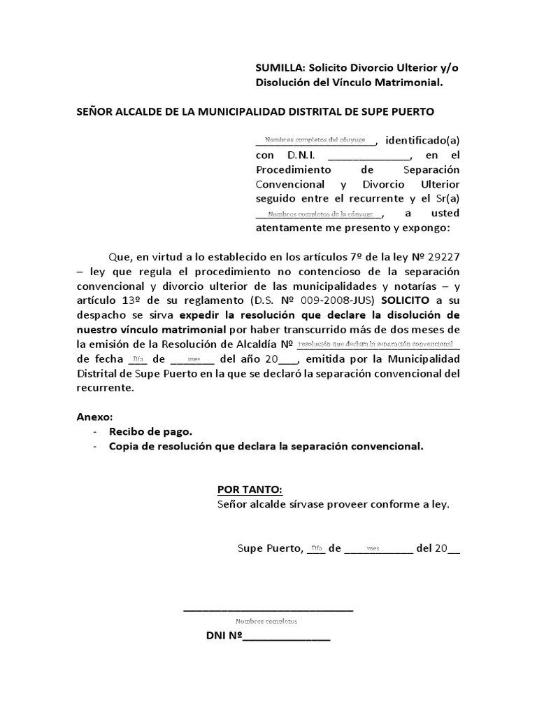Formato de Solicitud de Disolución Del Vínculo Matrimonial. | PDF | Derecho