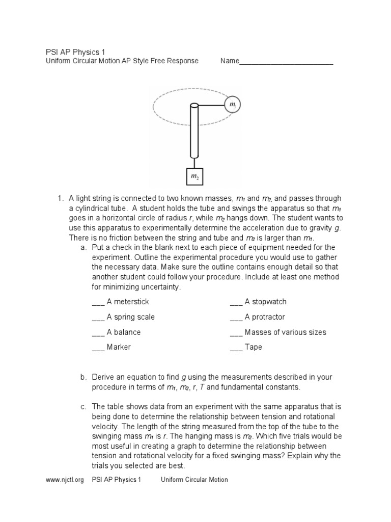 Ap Phys1 - Uniform Circular Motion Ap Style Free Response Questions ...