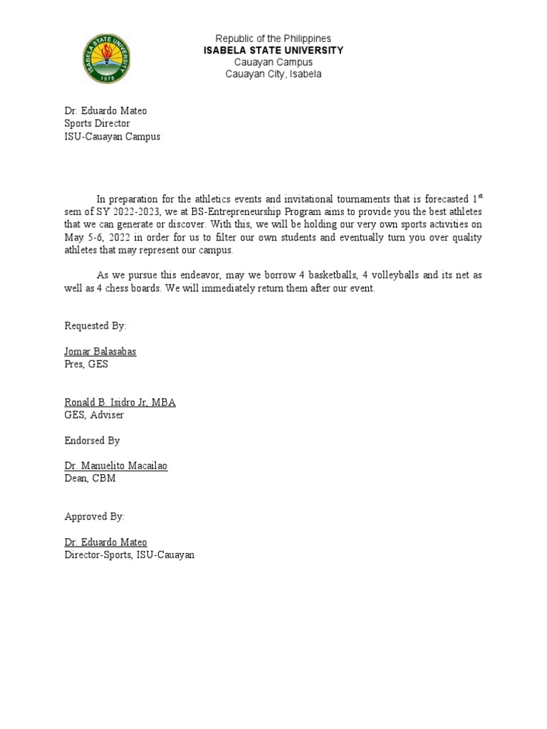 ISU-Cauayan Sports Event Equipment Request | PDF