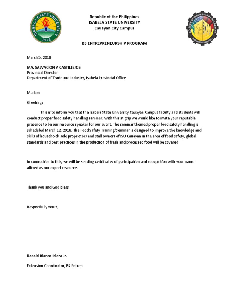 Letter To Dti Resource Speaker | PDF