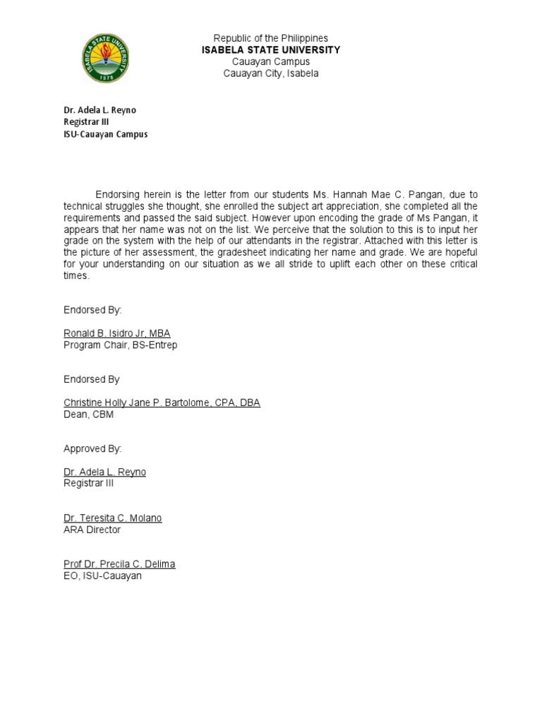 Letter of Endorsement Request To Encode Grade | PDF