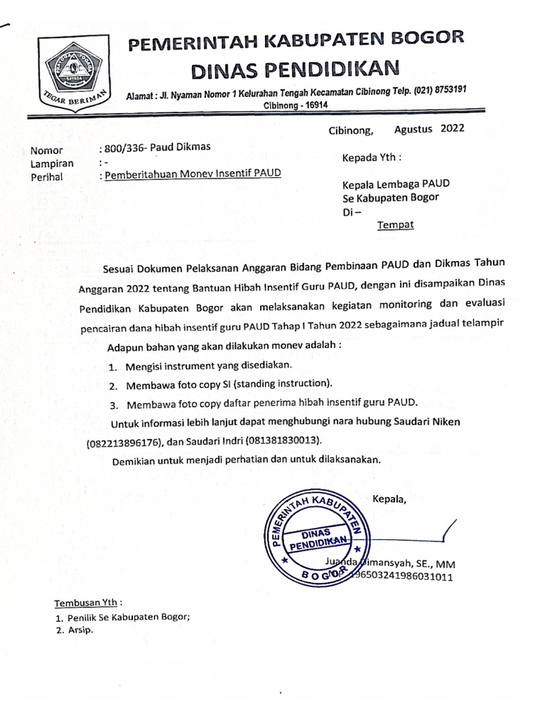 Surat Pemberitahuan Monev | PDF