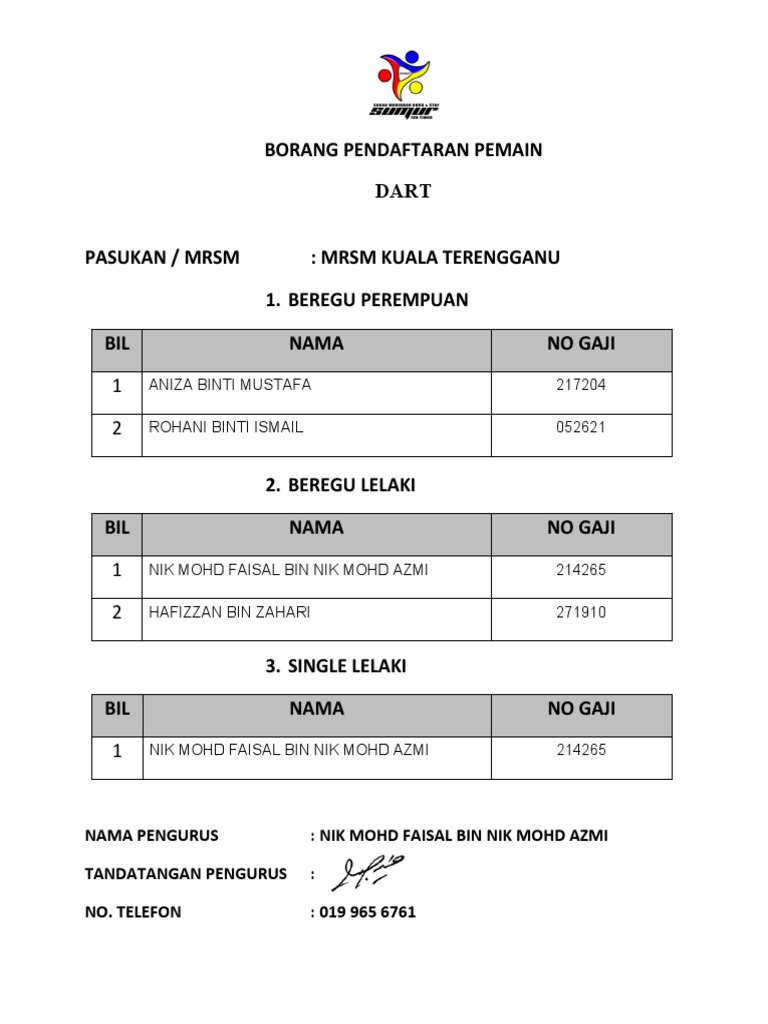 Borang Pendaftaran Darts - KT | PDF
