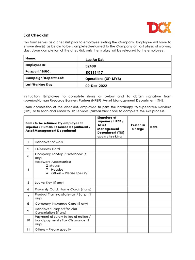 Exit Checklist | PDF
