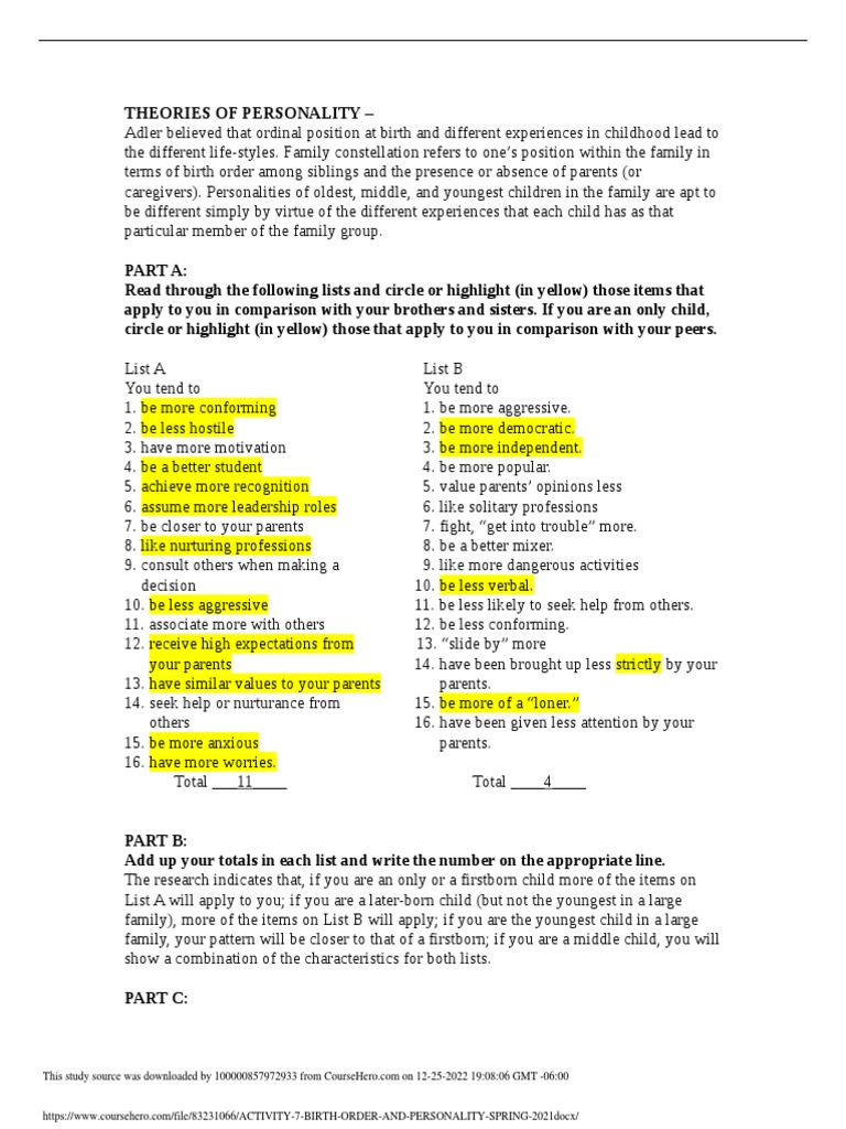 Activity 7 Birth Order and Personality Spring 2021 | PDF | Sibling ...