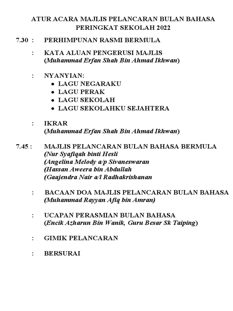 Atur Acara Majlis Pelancaran Bulan Bahasa 2022 | PDF
