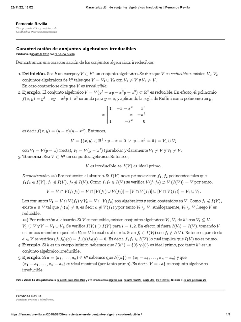 ESTR ALG III Caracterización de Conjuntos Algebraicos Irreducibles (Fernando Revilla, 2018 ...