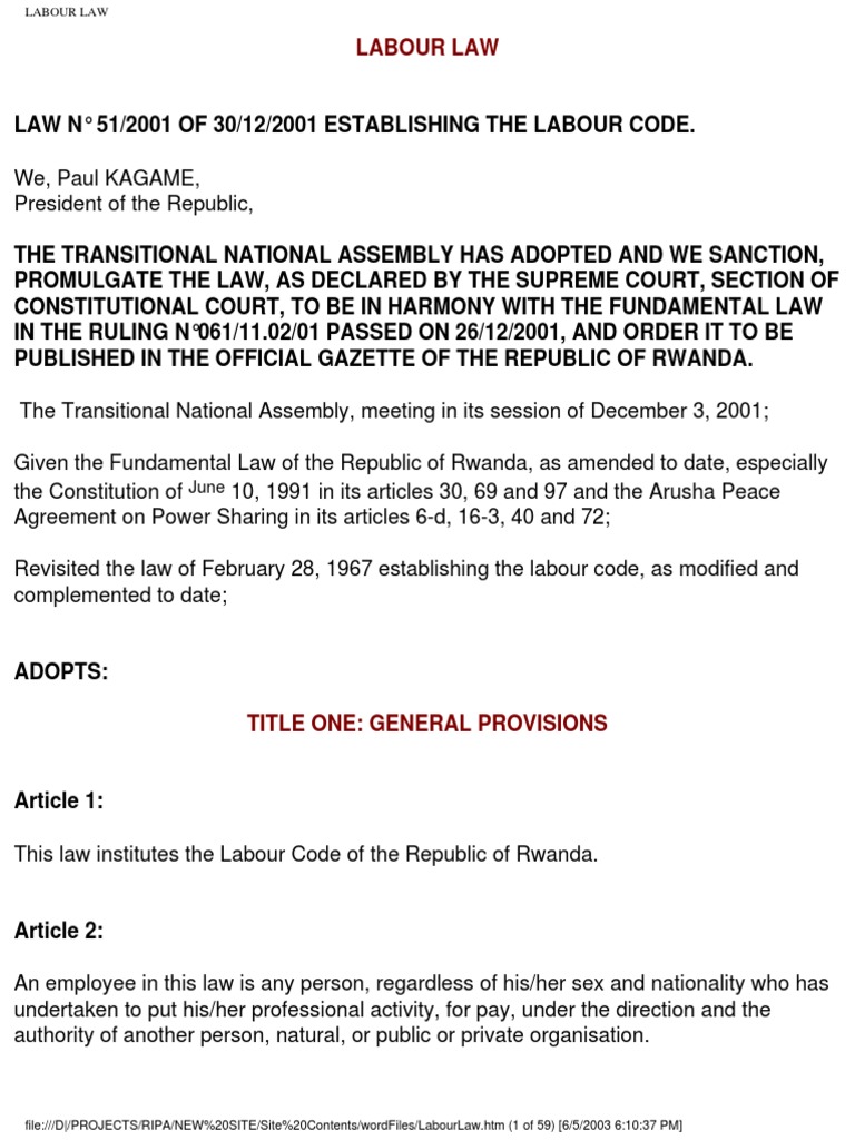 Amategeko Agenga Umurimo Mu Rwanda | PDF | Apprenticeship | Salary