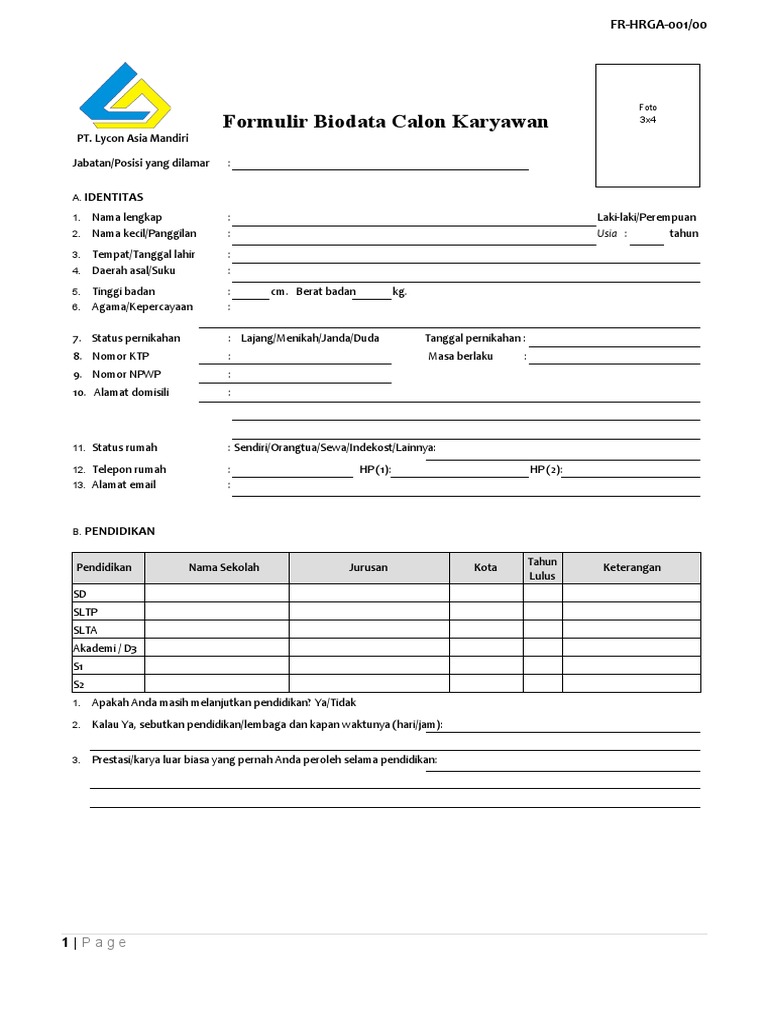 FR-HRGA-001-00 Formulir Biodata Calon Karyawan | PDF