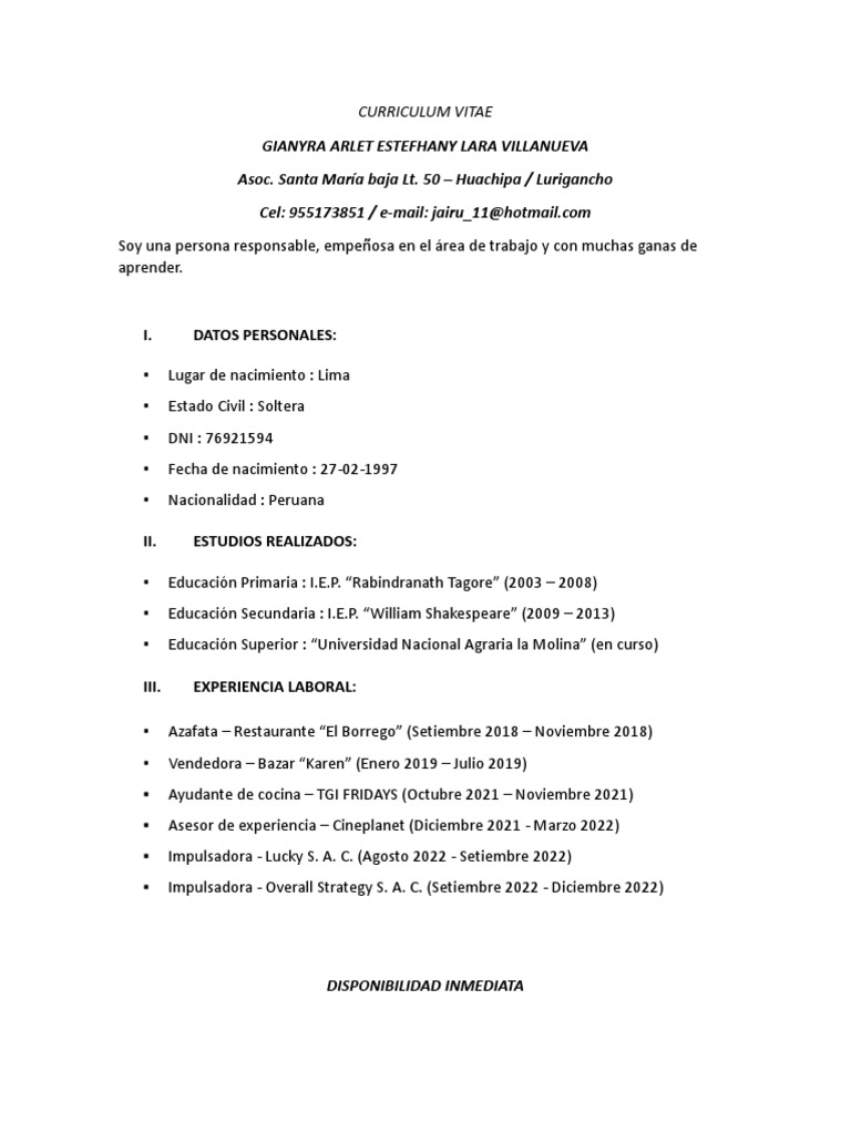 CV de Gianyra Lara: Impulsadora Sin Experiencia | PDF
