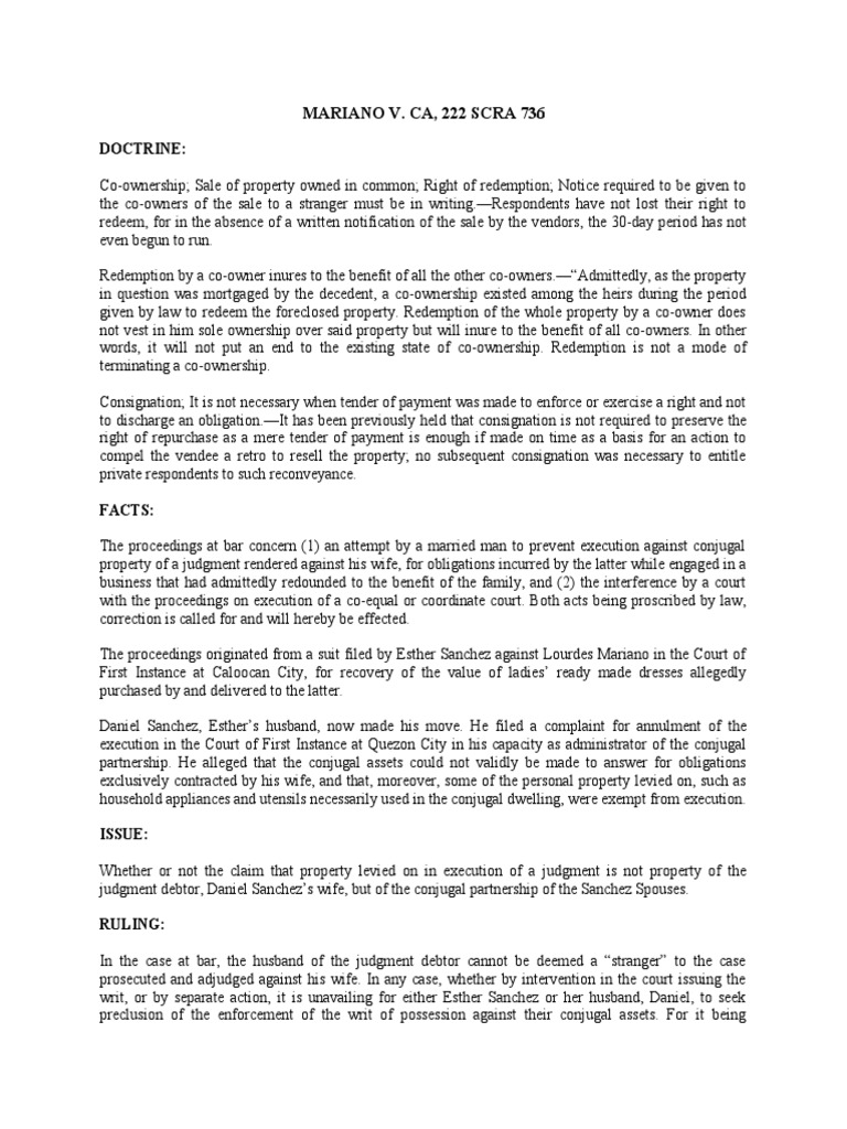 Mariano v. CA, 222 SCRA 736 | PDF | Concurrent Estate | Judgment (Law)