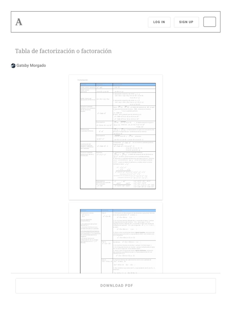 (PDF) Tabla de Factorización o Factoración | PDF | Factorización ...