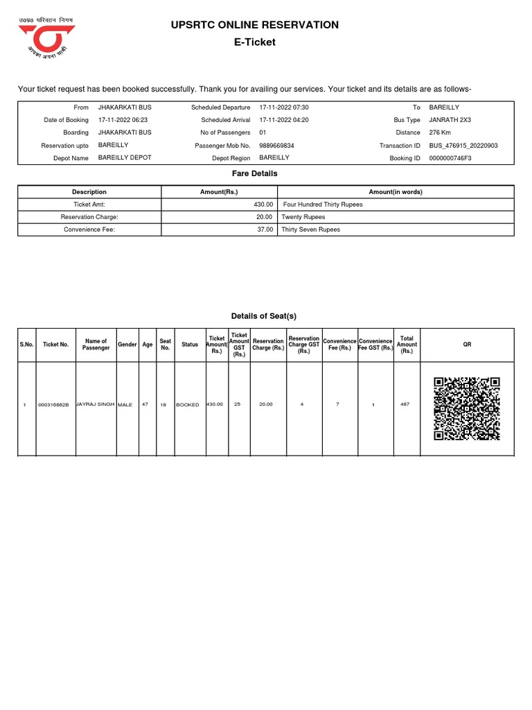 E-Ticket Upsrtc Online Reservation | PDF | Service Industries | Payments