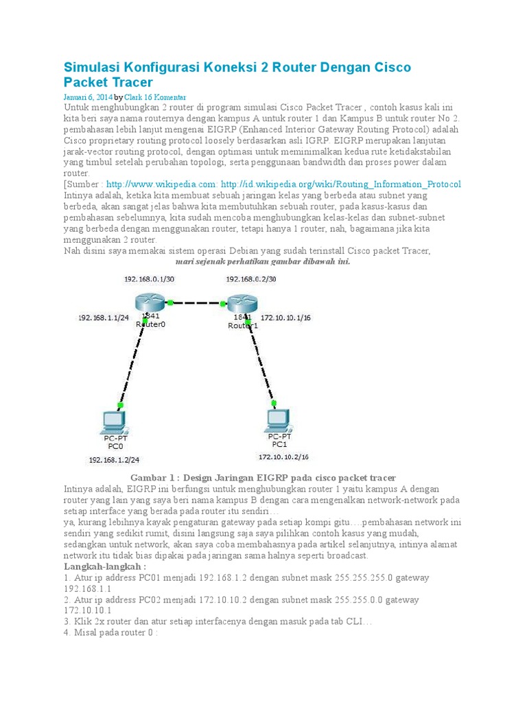 Simulasi Konfigurasi Koneksi 2 Router Dengan Cisco Packet | PDF