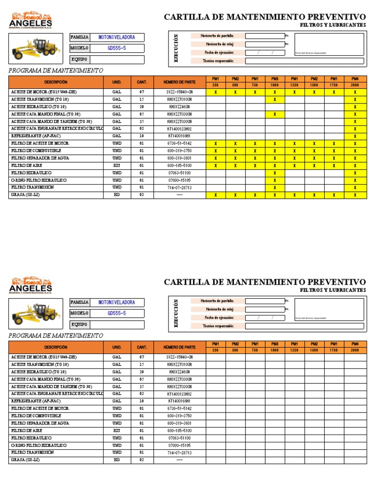 Cartilla de Mantenimiento - Motoniveladora Komatsu GD555-5 | PDF ...