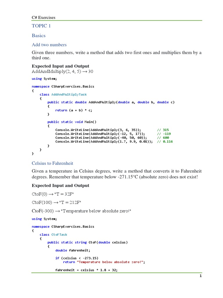 Topic 1 Basics: Add Two Numbers | PDF | C Sharp (Programming Language) | Fahrenheit