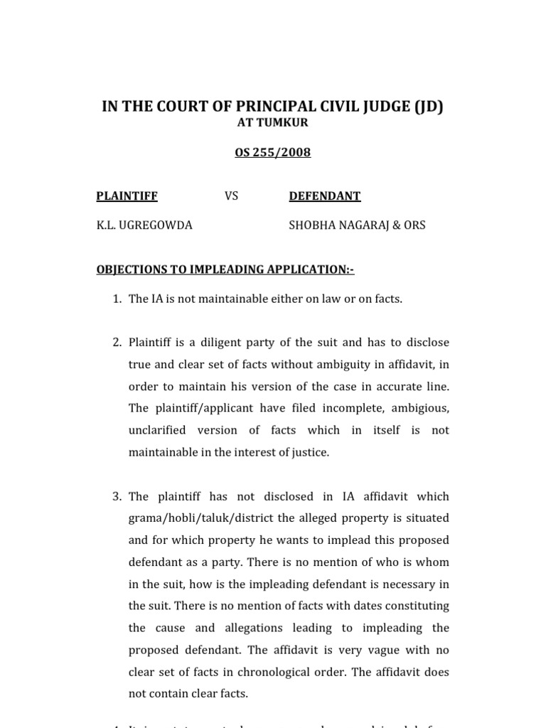 Objections to Impleading Application in a civil suit for specific ...