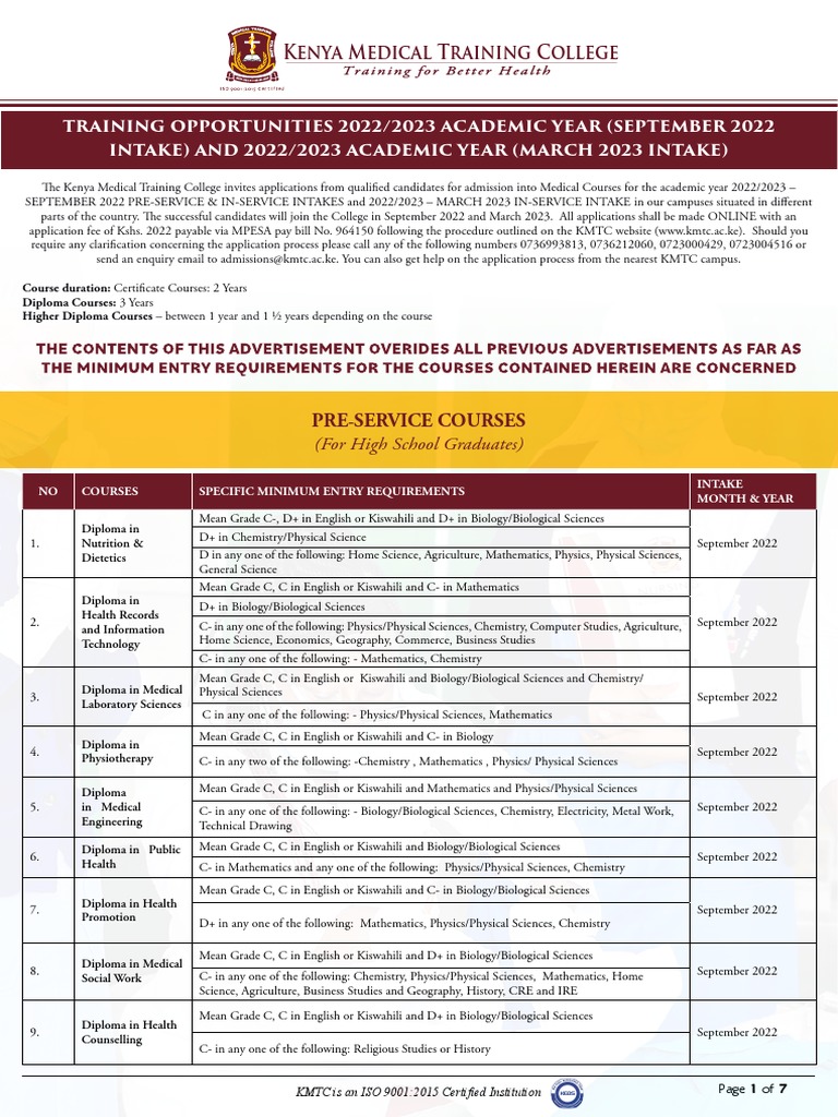 KMTC Training Opportunities for 2022/2023 Academic Year | PDF | Physical Therapy | Health Care