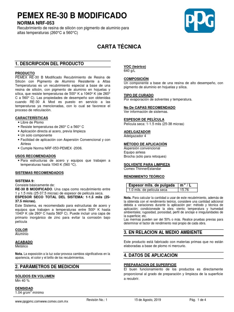 Pemex Re-30 B Modificado 30 B Modificado: Carta Técnica | PDF | Aluminio | Revestimiento