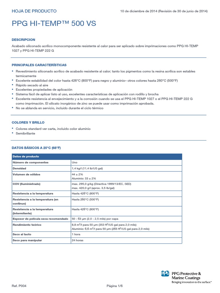 PPG HI-TEMP™500: Hoja de Producto | PDF | Aluminio | Información