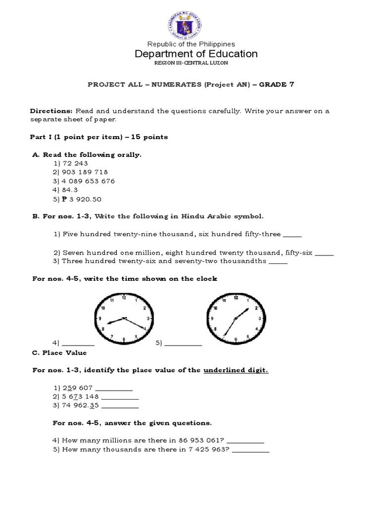 Grade 7 Math Quiz: Number Concepts | PDF | Mathematics