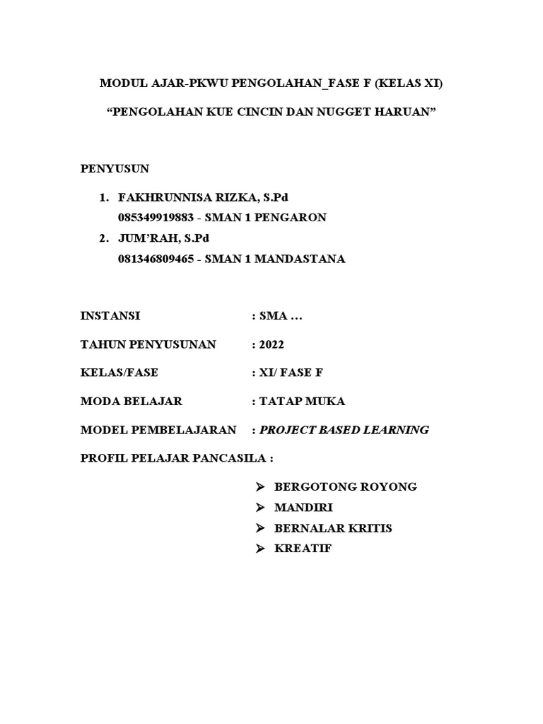 Modul Ajar Pkwu Pengolahan-Fase F (Kelas Xi) | PDF