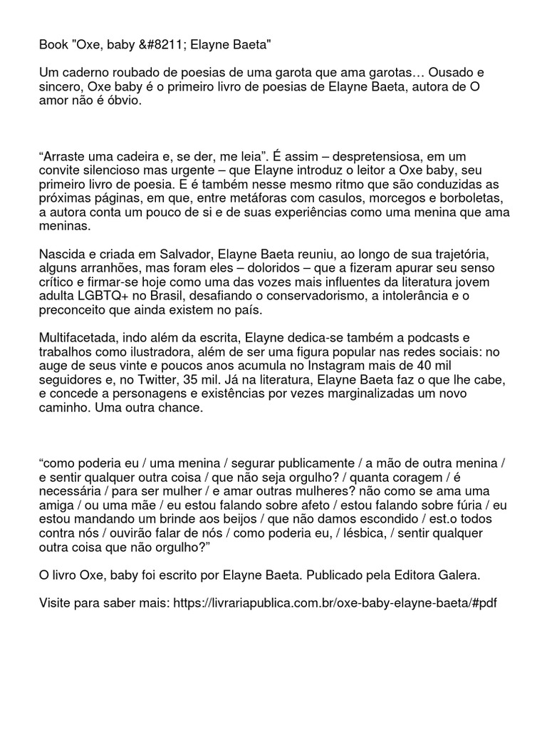 Oxe, Baby – Elayne Baeta | PDF