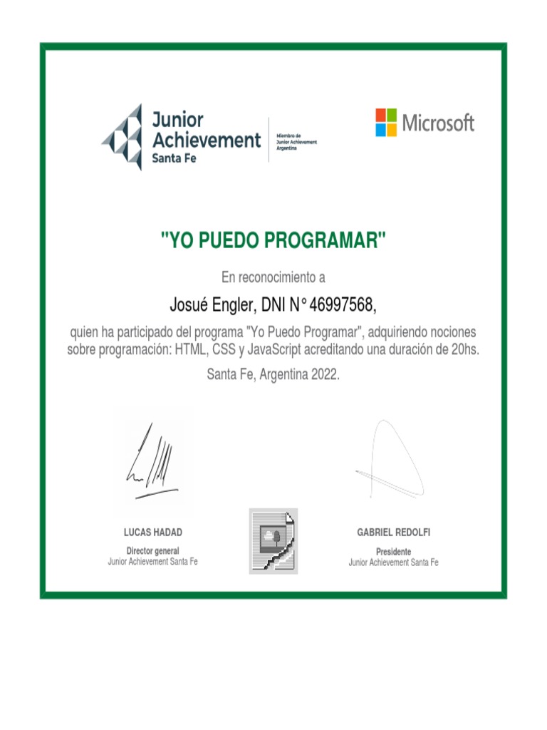 Certificado Yo Puedo Programar - Josué Engler | PDF