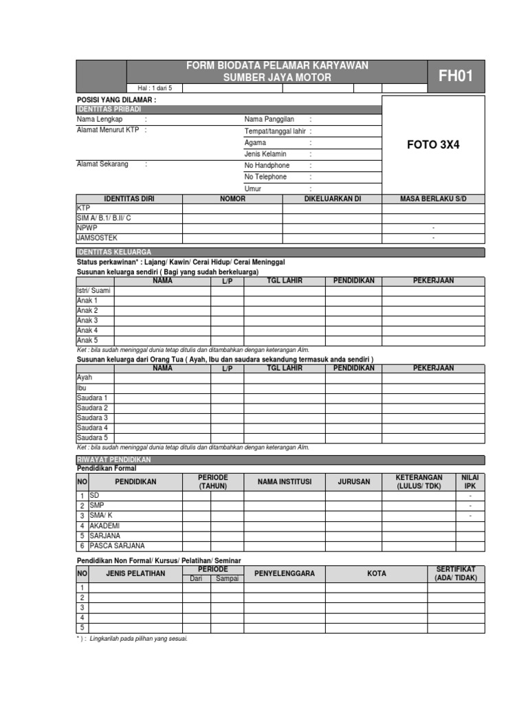 FH01 - Form Biodata Pelamar Kerja | PDF