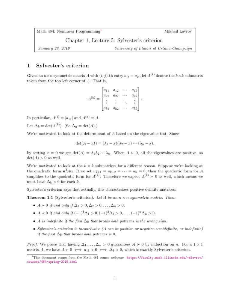 Sylvester's Criterion | PDF | Eigenvalues And Eigenvectors | Determinant