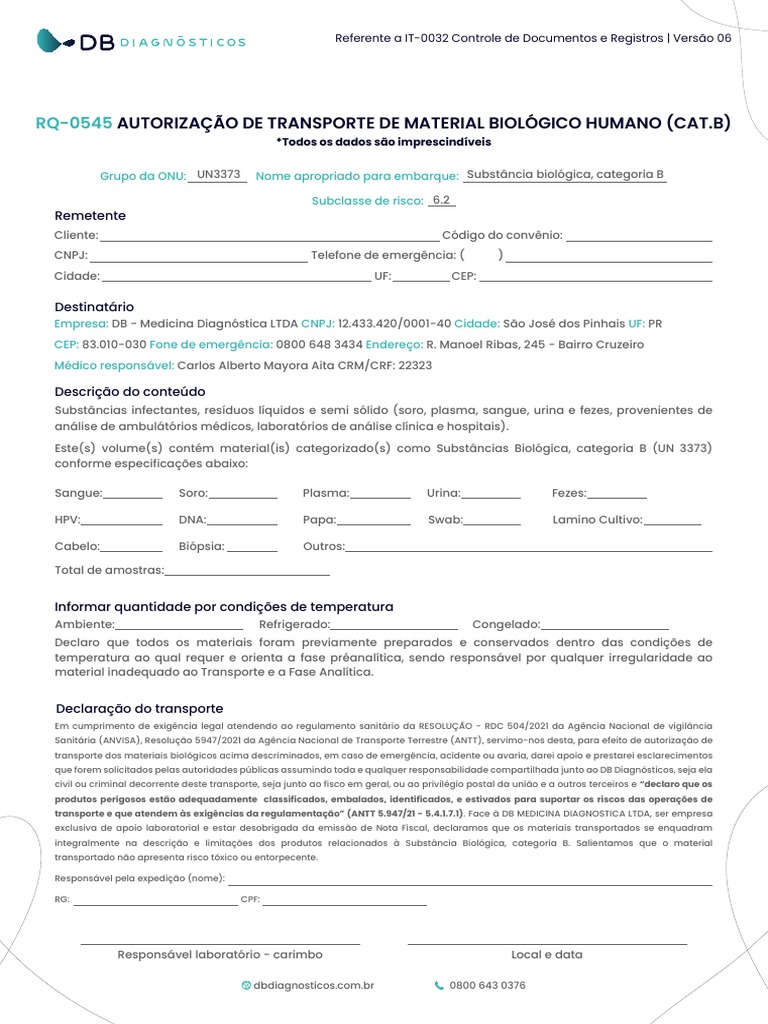0545 RQ DB Autorizacao de Transporte de Material Biologico Humano Catb ...