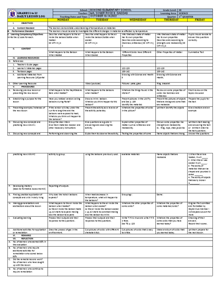 DLL - Science 3 - Q1 - W8 | PDF | Ductility | Solid