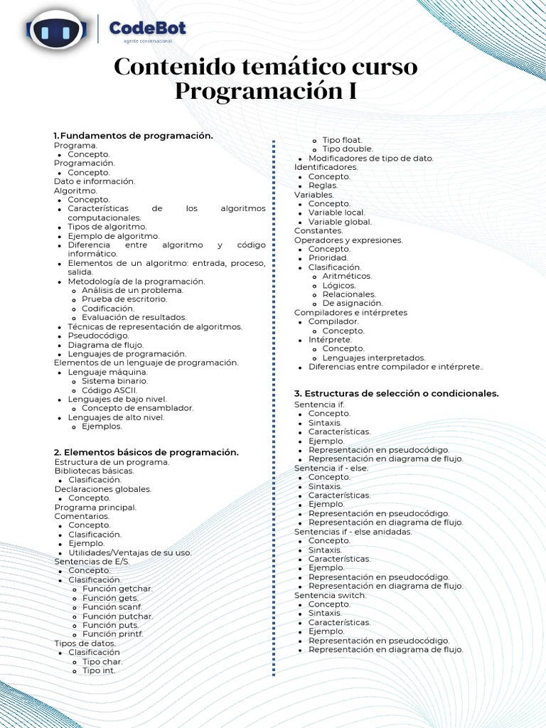CodeBot (v1.0) Temario | PDF | Lenguaje de programación | Algoritmos CodeBot (v1.0) Temario | PDF | Lenguaje de programación | Algoritmos
